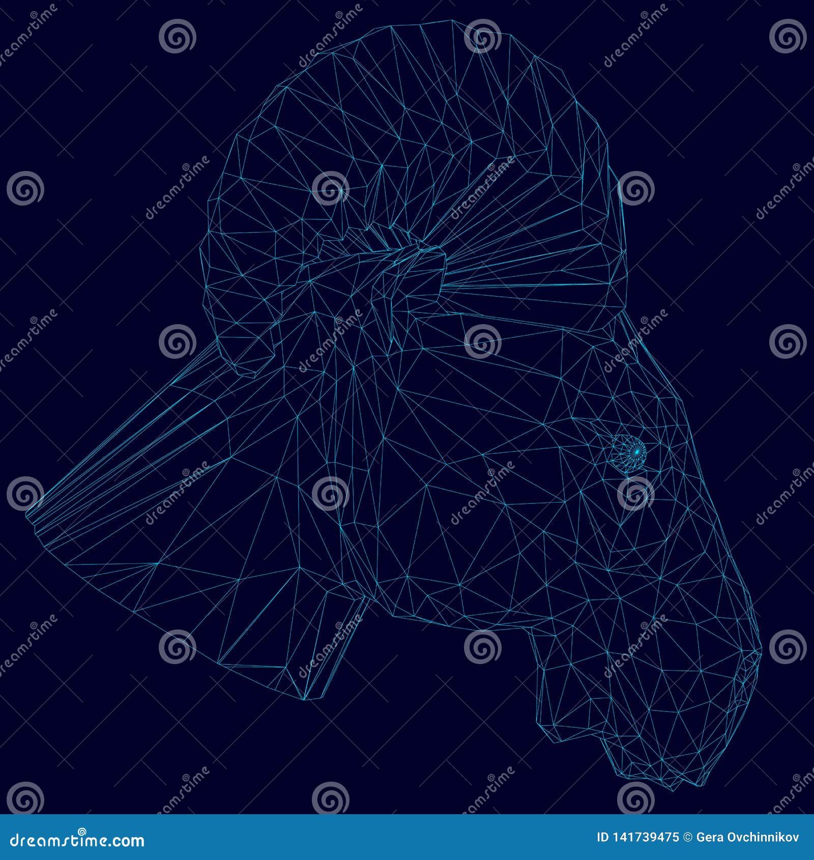Wireframe of the Head of a Ram of Blue Lines on a Dark Background. Side ...