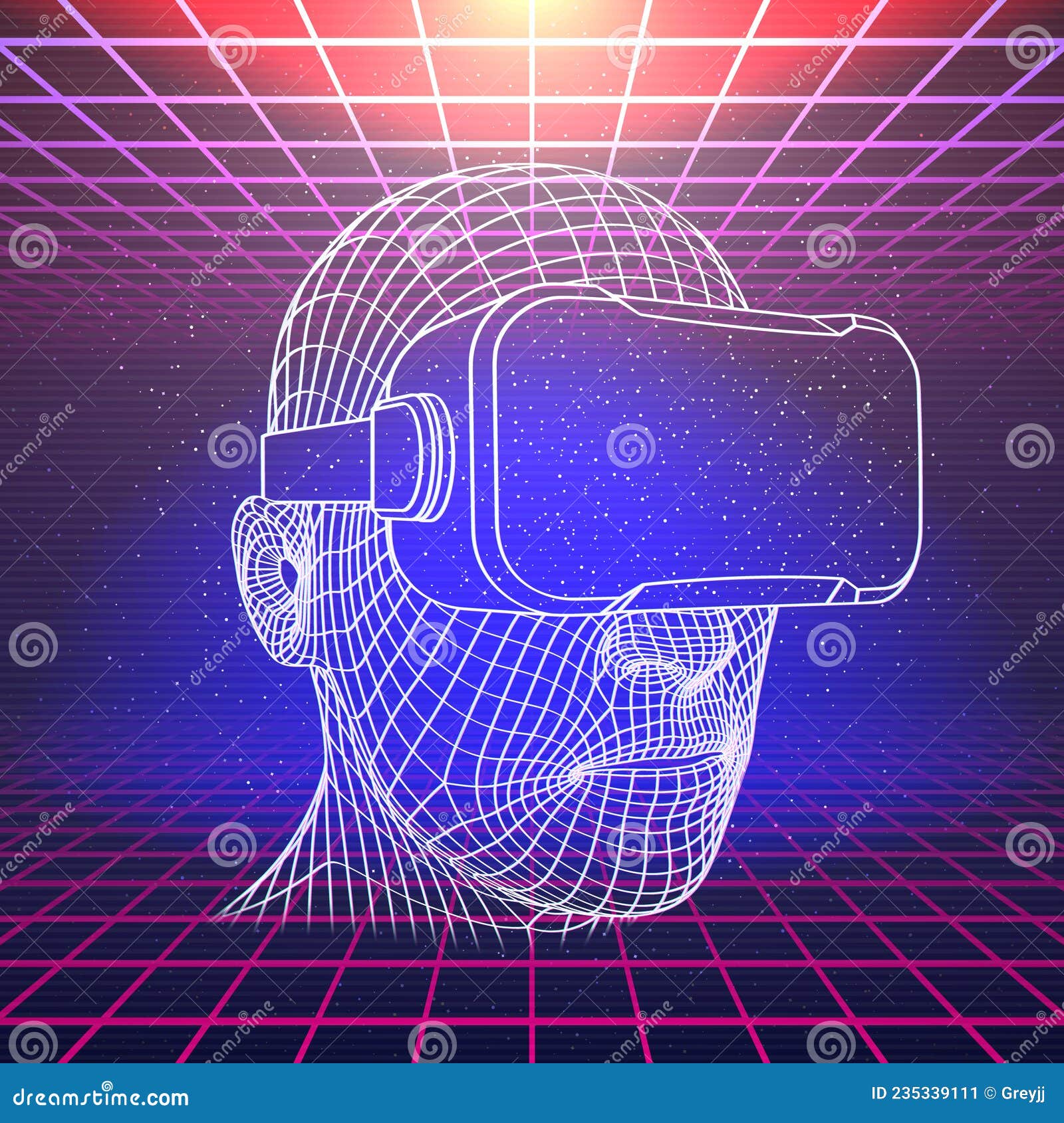 Wireframe Head with VR Headset in Cyberspace with Laser Grids. Retro ...