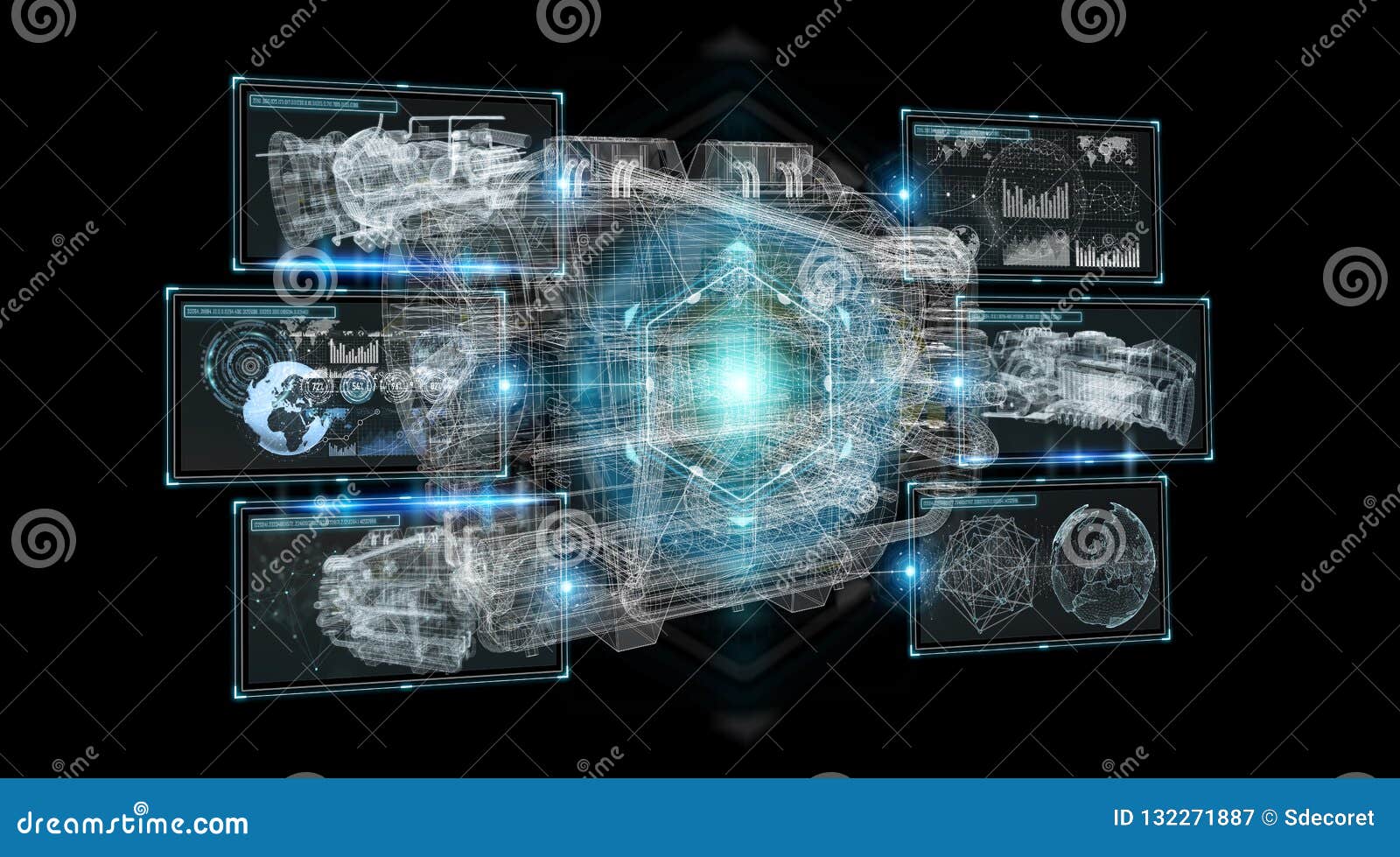 Wireframe Holographic 3D Digital Projection of an Engine Stock ...