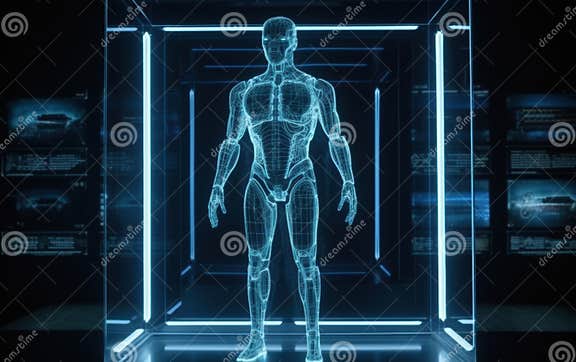 Wireframe Humanoid in Glass Cube. Created by Generative Artificial ...