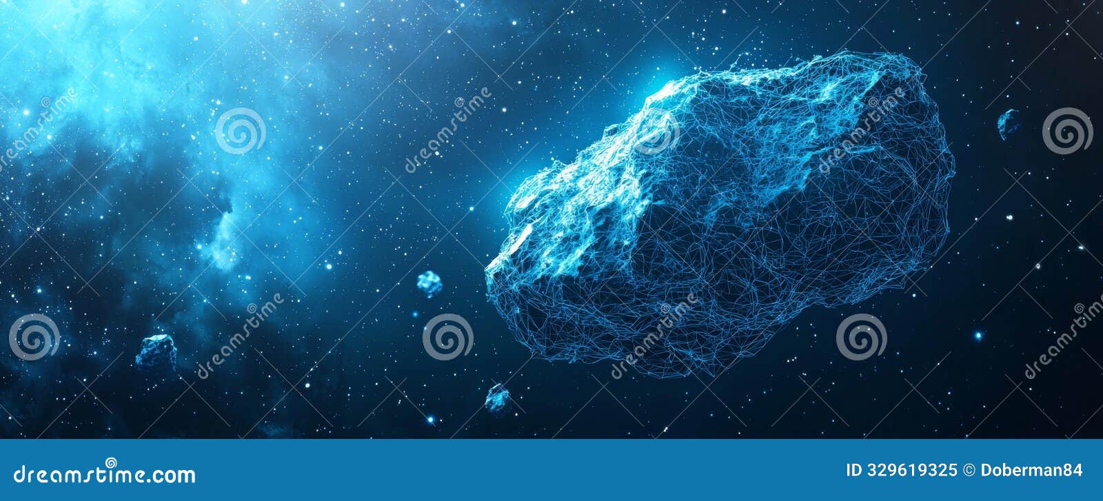 Wireframe Illustration of an Asteroid in Deep Space with a Starry ...