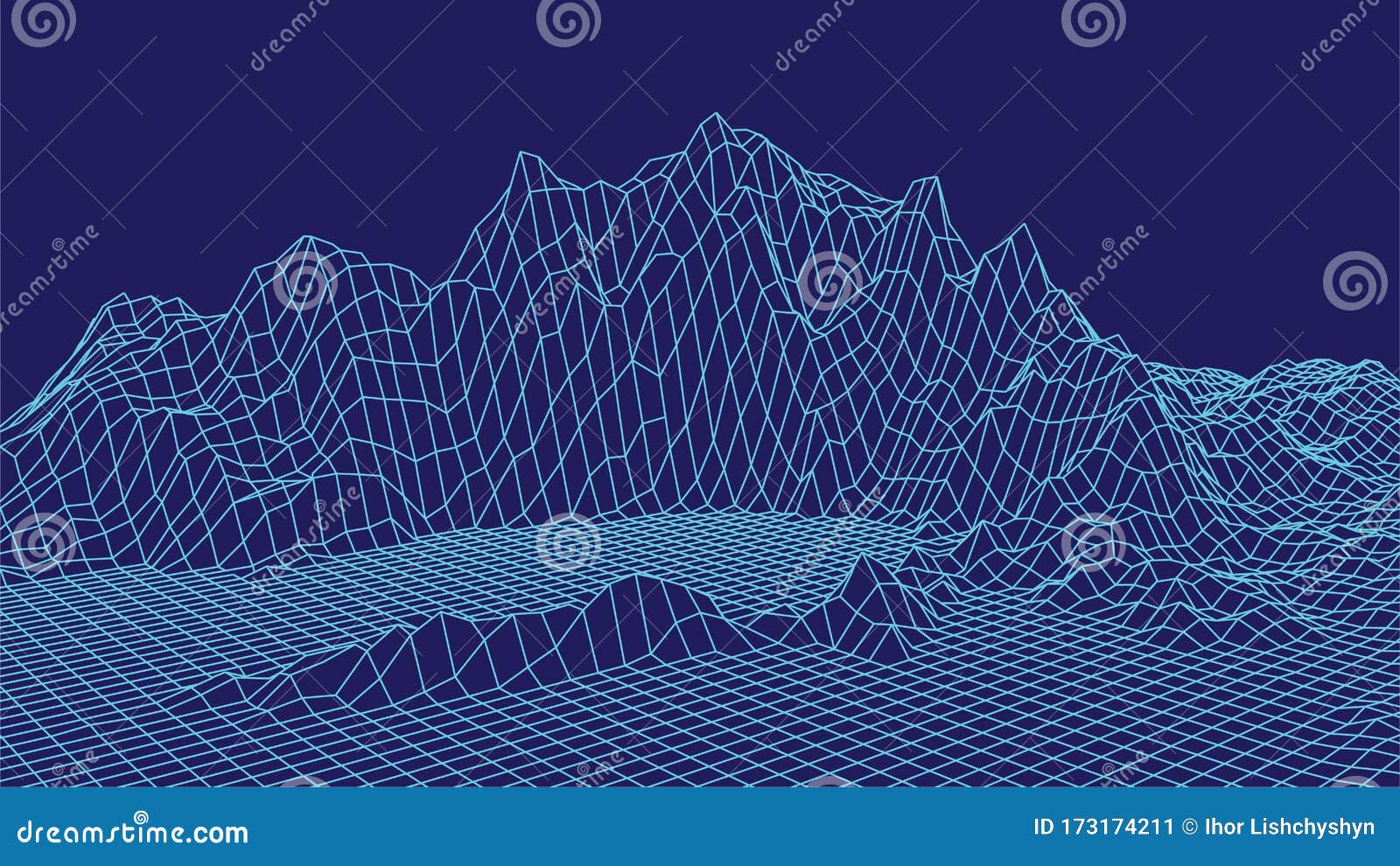 Wireframe Landscape Design on Blue Background. Technology Vector Grid ...