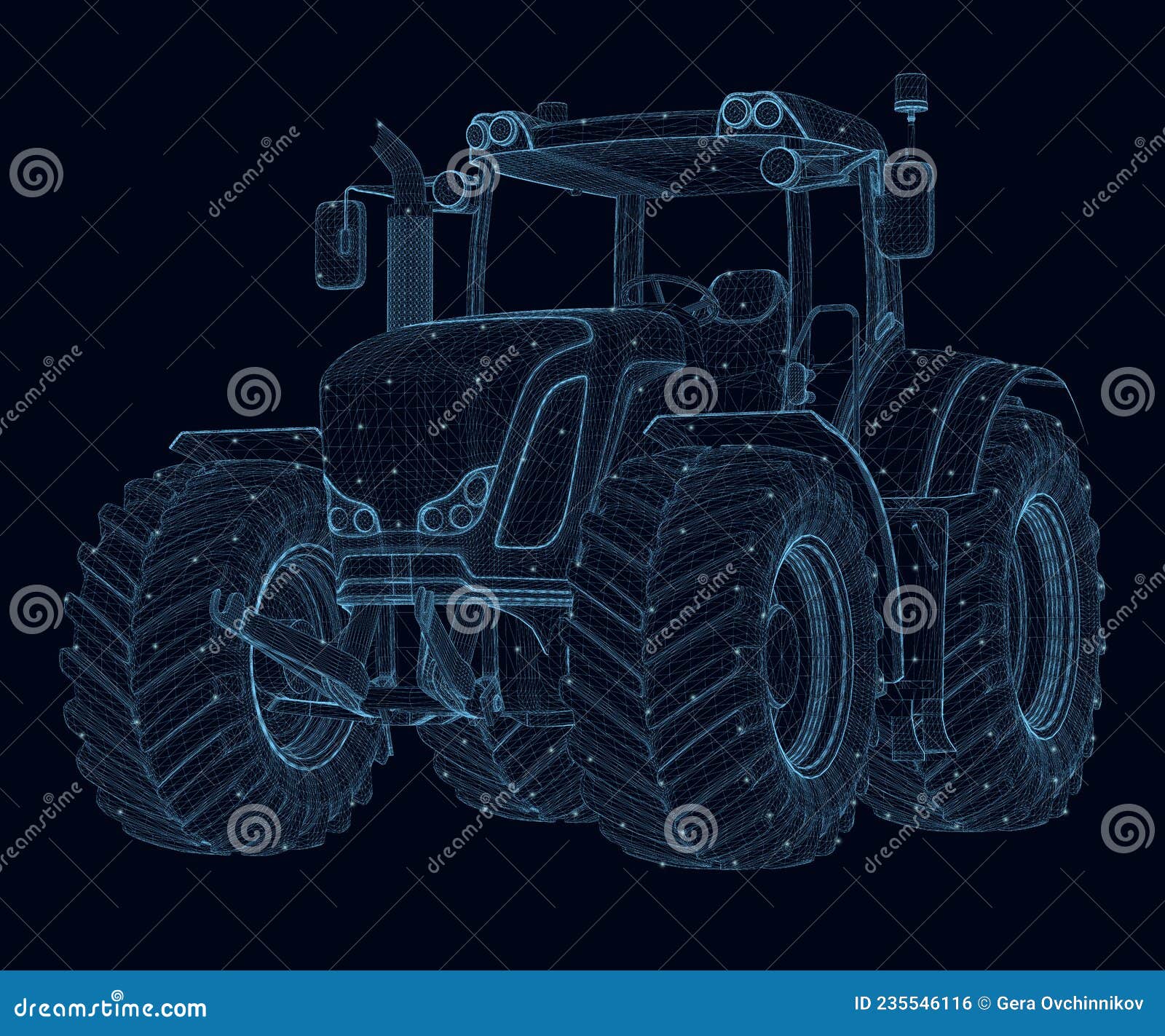 Wireframe of a Large Tractor Made of Blue Lines with Glowing Lights ...