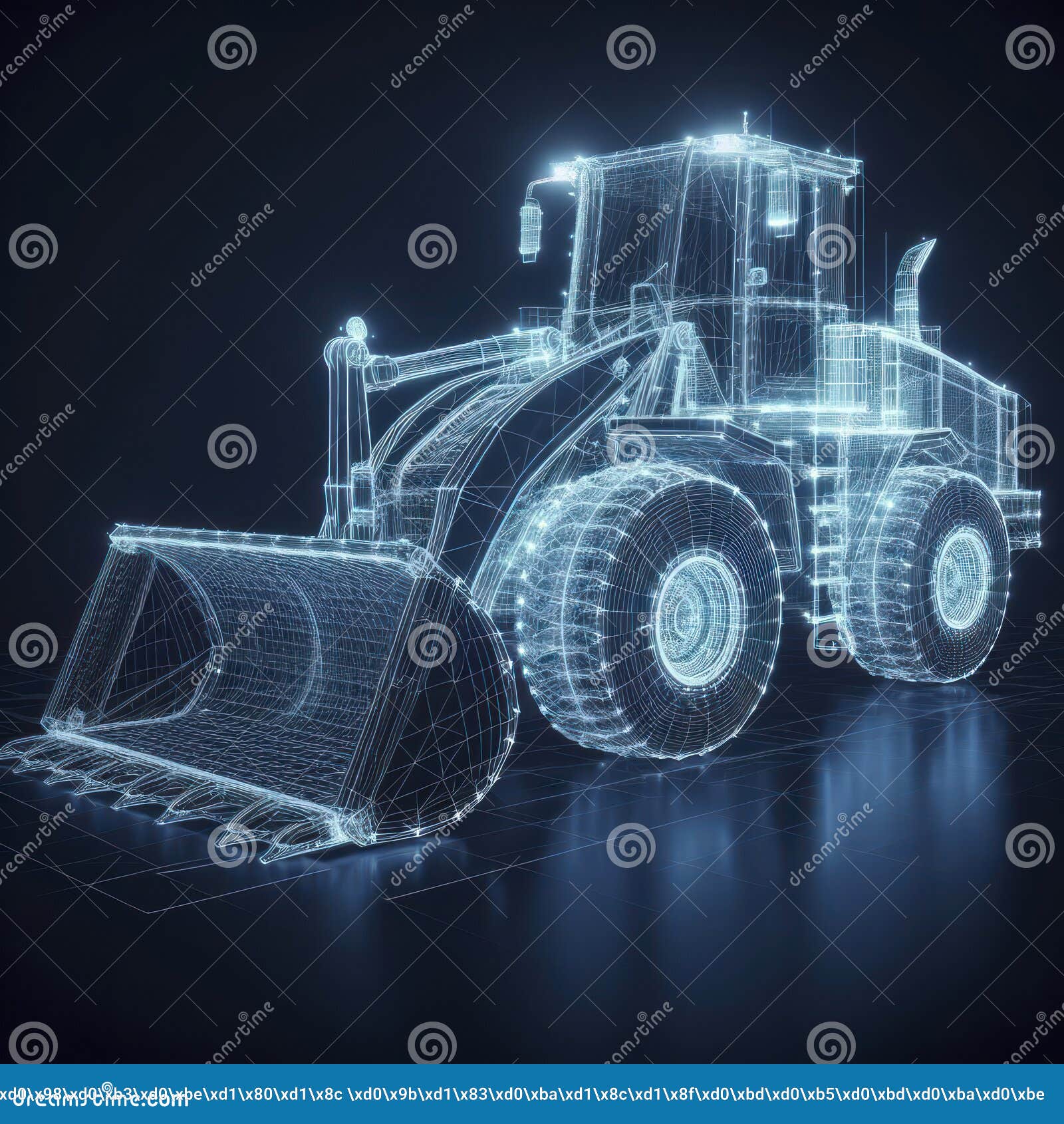 Wireframe of a Large Wheeled Loader Made of Blue Lines with Glowing ...