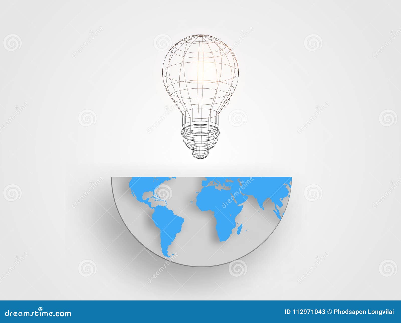 Wireframe Lightbulb On Half Size Of The Earth Map Represent Concept Of ...