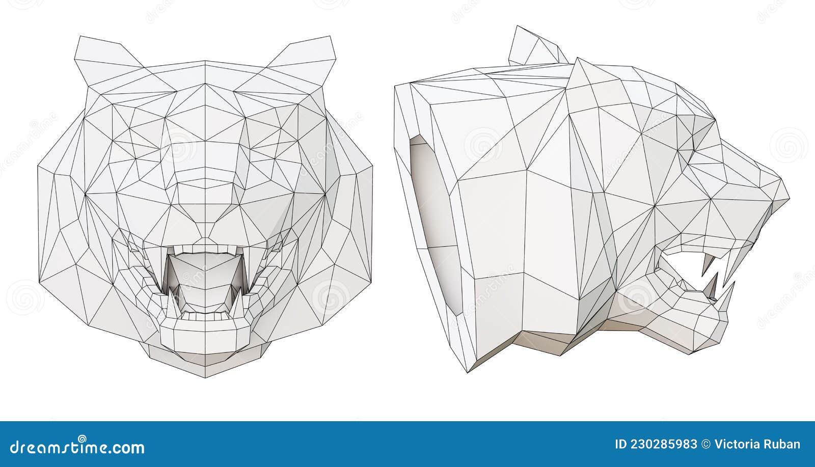 Wireframe Low Poly Tiger Head in Profile and Full Face Stock ...
