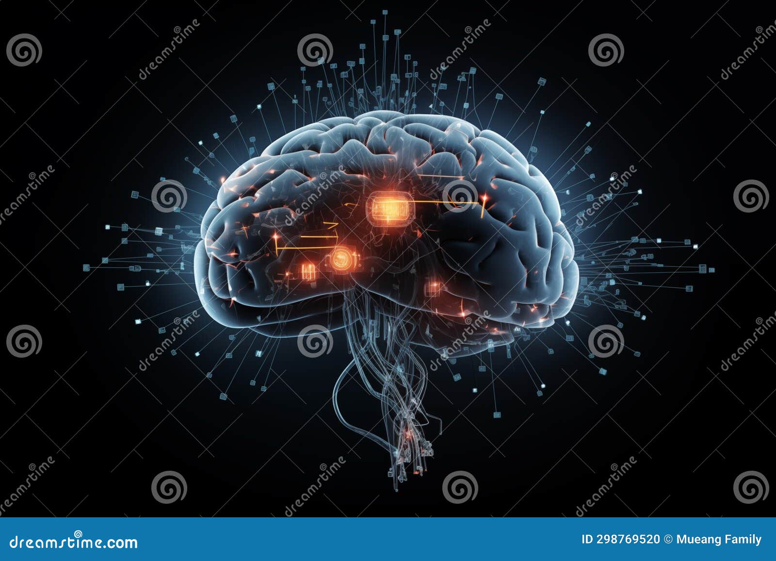 A Wireframe Mesh of a Human Brain with Glowing Blue Lines Connecting ...
