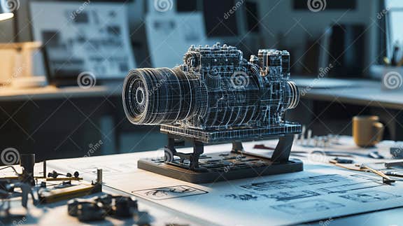 Wireframe Model of a Complex Machine on a Design Table Stock ...