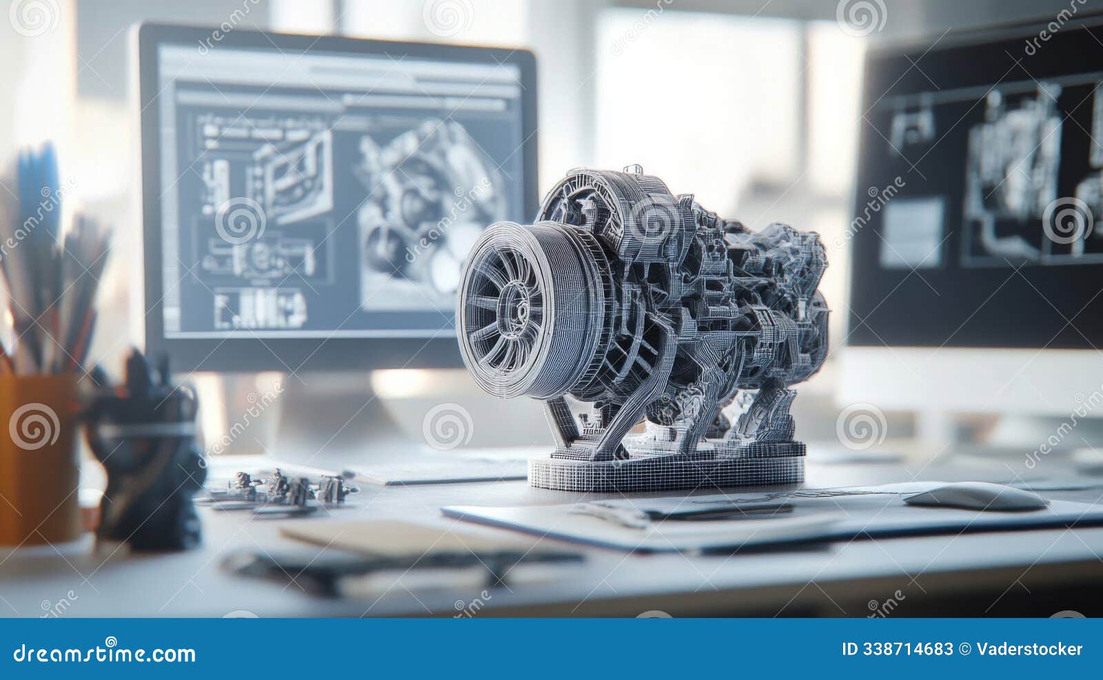 Wireframe Model of an Engine on a Desk with Computer and Blueprints ...