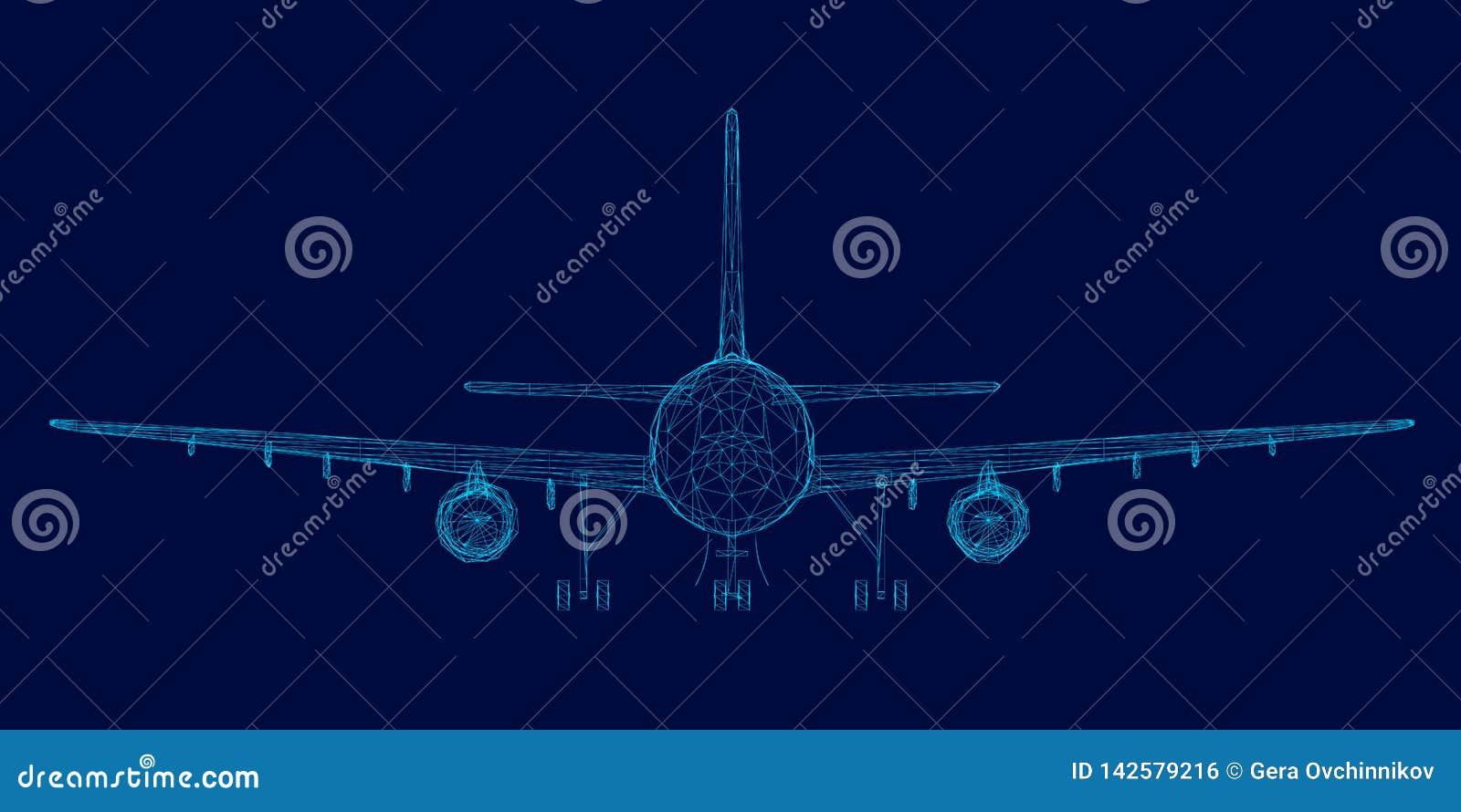 Wireframe of the Passenger Aircraft of the Blue Lines on a Dark ...