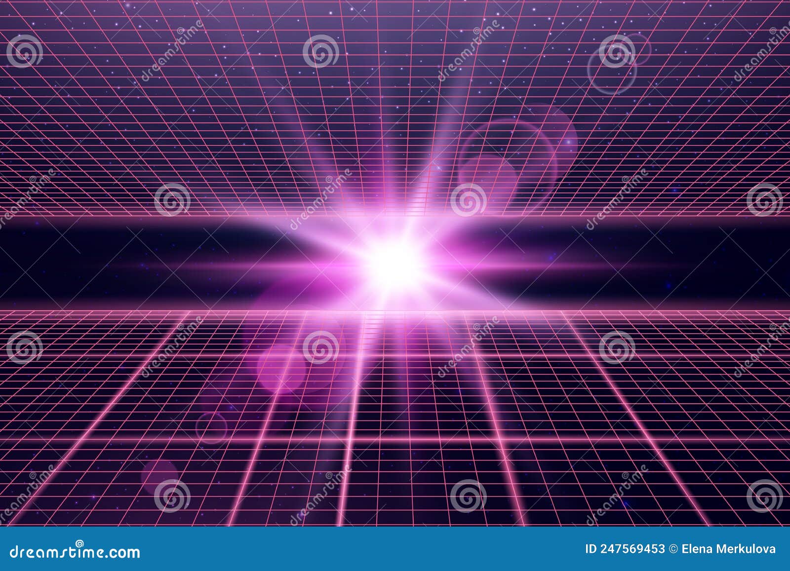 Wireframe Perspective Grid with Lens Flare. Space Neon Infinity Mesh ...