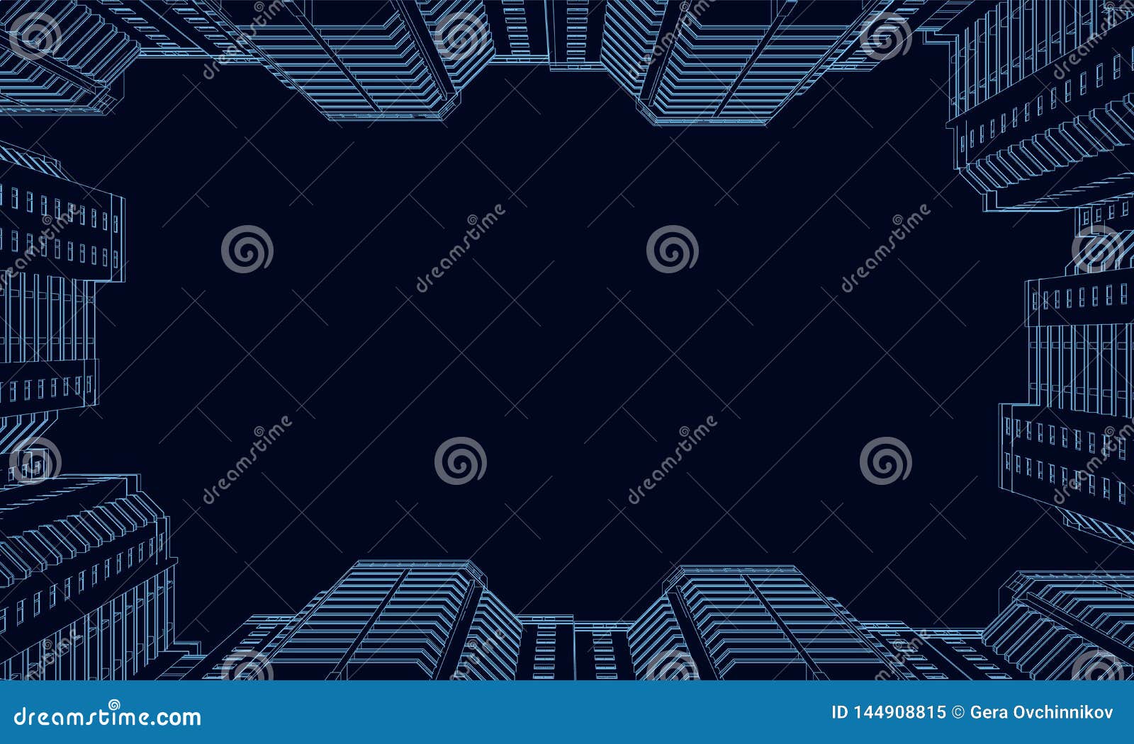 Wireframe of Polygonal High-rise Buildings of Blue Lines on a Dark ...