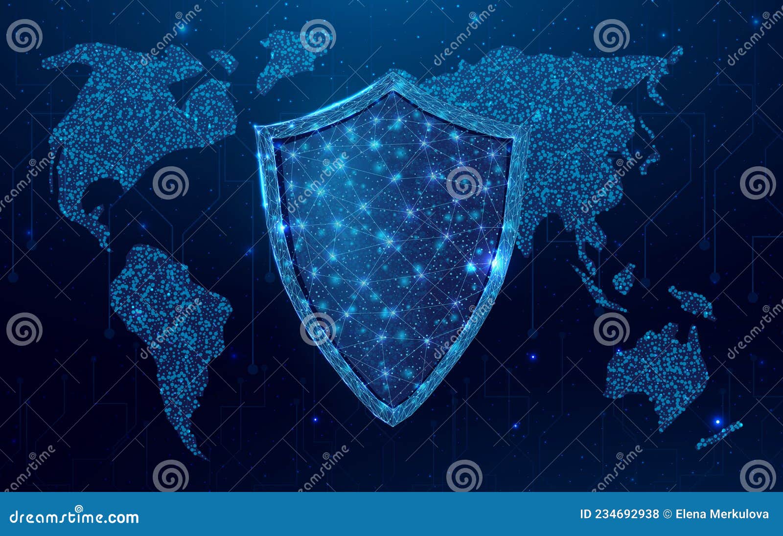 Wireframe Polygonal Shield with Globe Map. Cyber Security, World ...