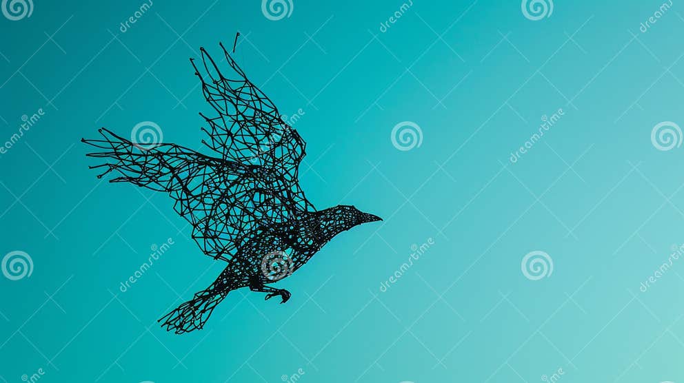 Wireframe Raven in Flight Against a Gradient Blue Background Stock ...