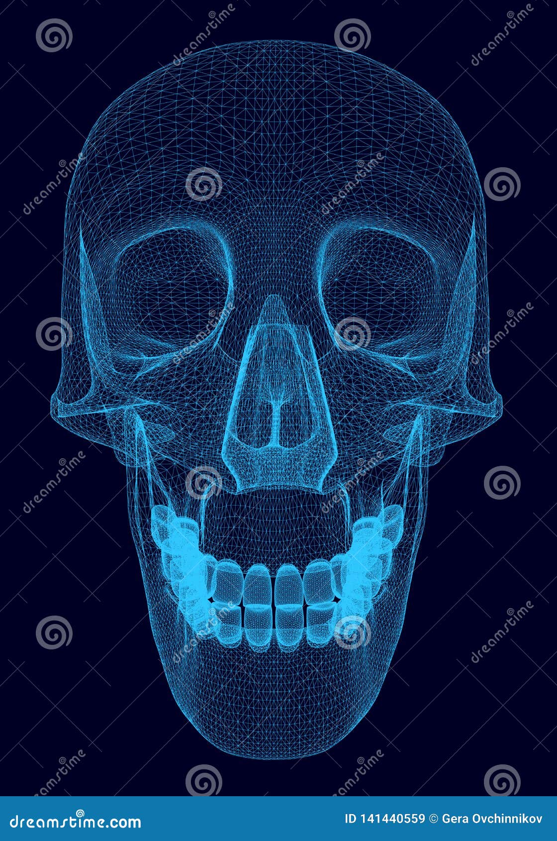 3D Wireframe Skull Front View On Dark BG Vector Illustration ...