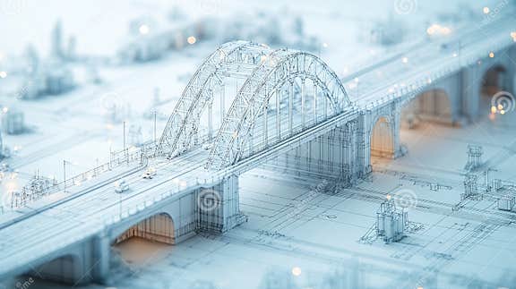 Wireframe Rendering of a Bridge Over a Highway with a Car Passing ...
