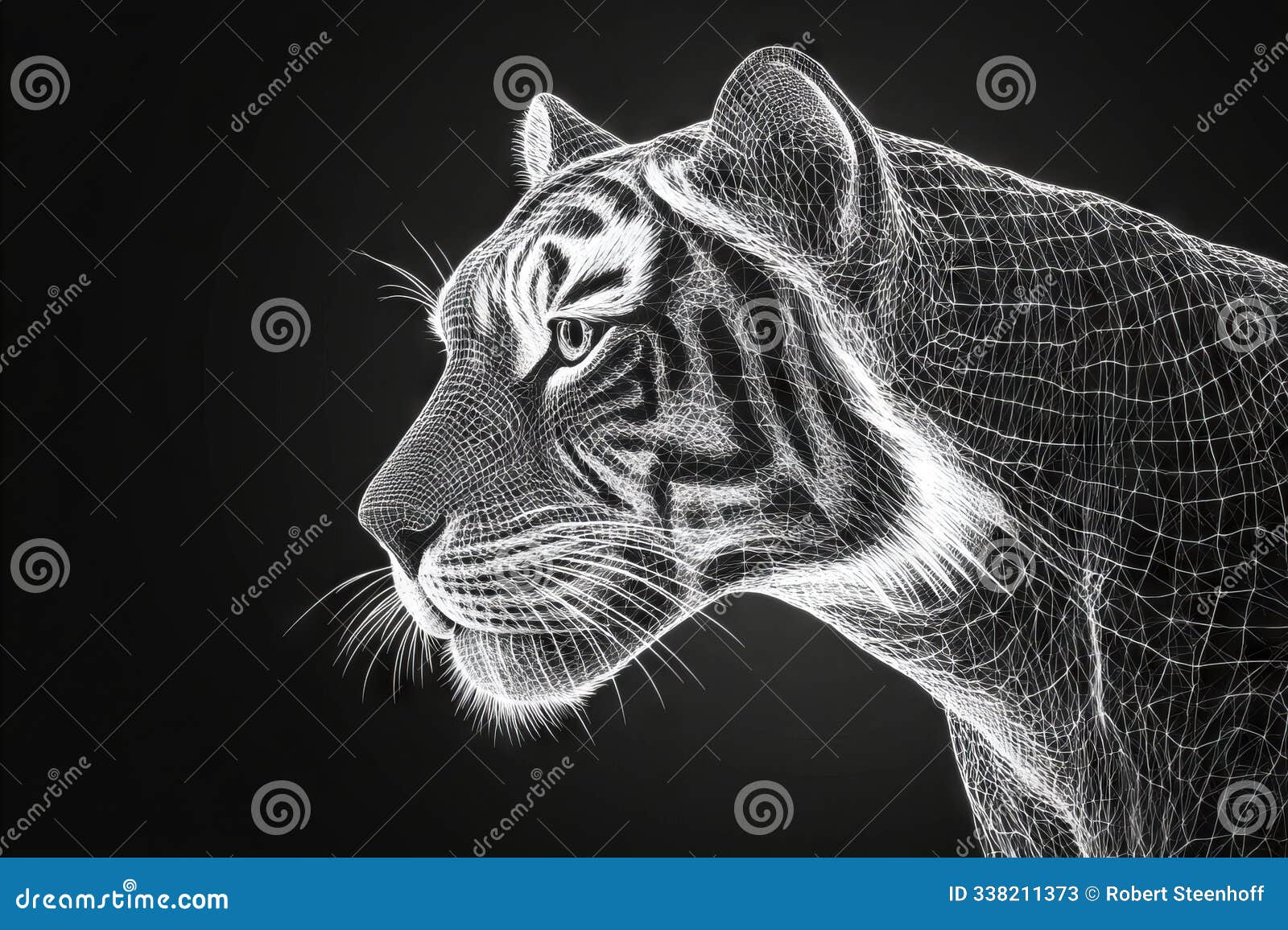 A Wireframe Rendering of a Tiger S Head Against a Black Background ...