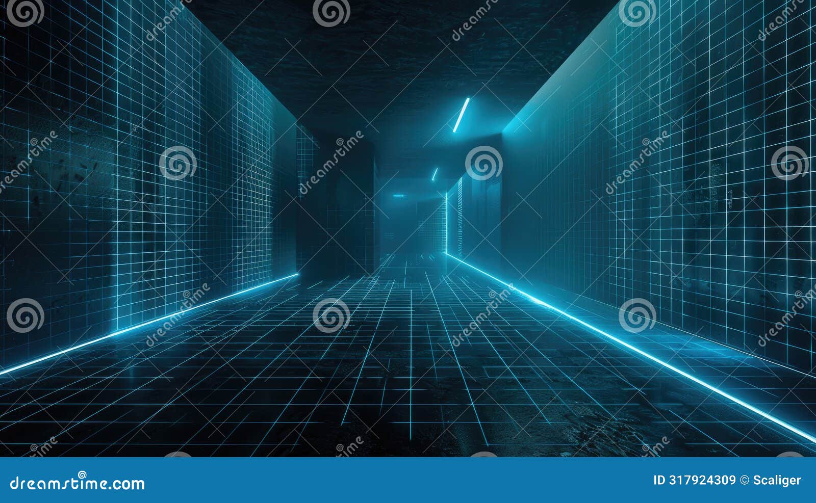 Wireframe Room Interior Background, Blue Digital Space with Grid Lines ...