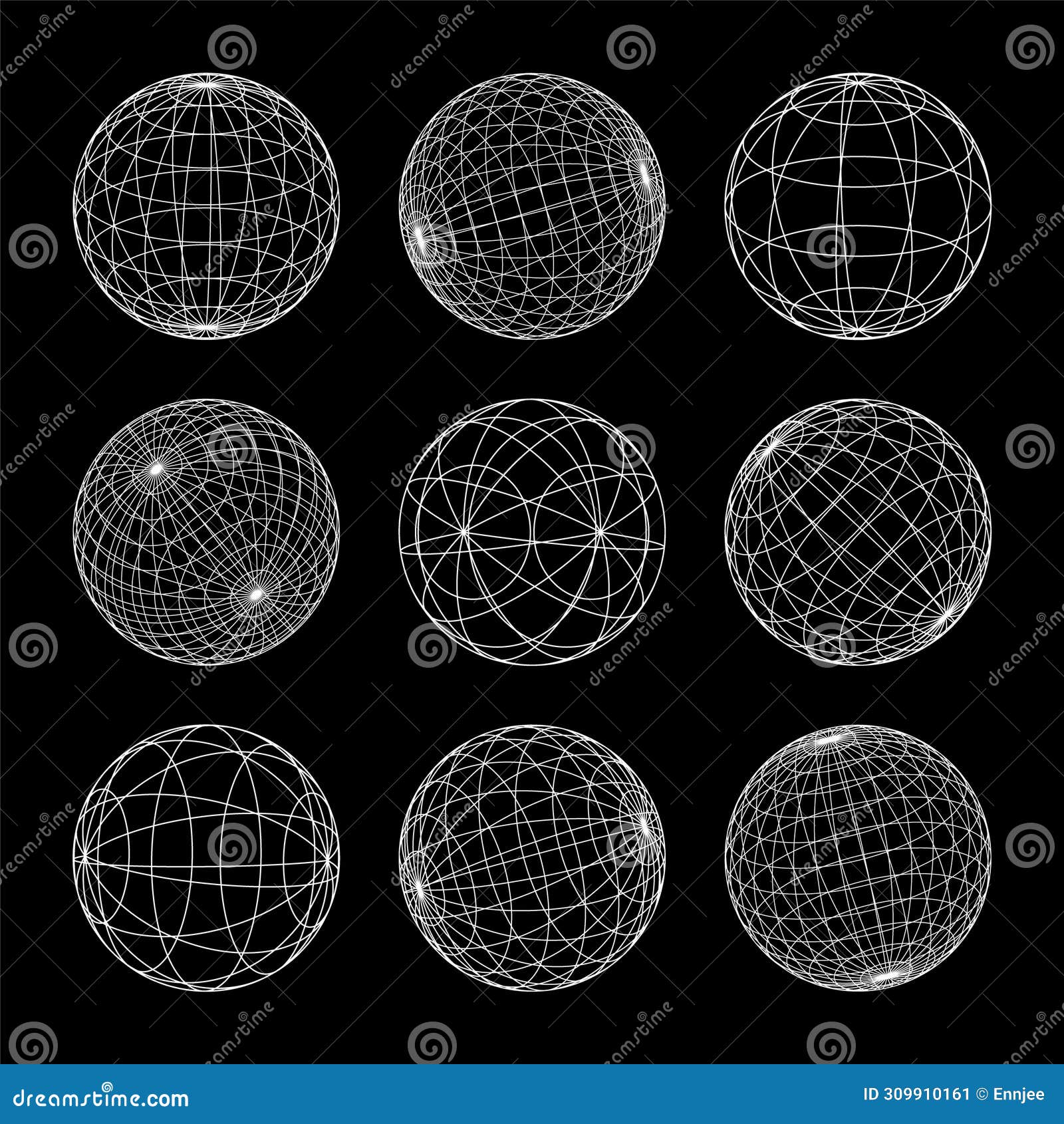 Wireframe Shapes, Lined Sphere. Perspective Mesh, 3d Grid. Low Poly ...