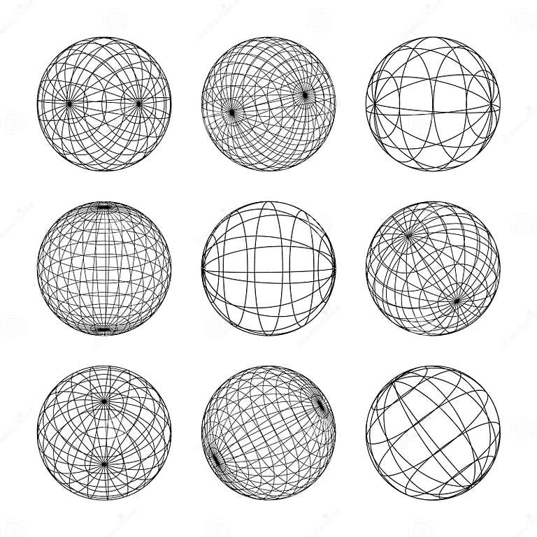 Wireframe Shapes, Lined Sphere. Perspective Mesh, 3d Grid. Low Poly ...