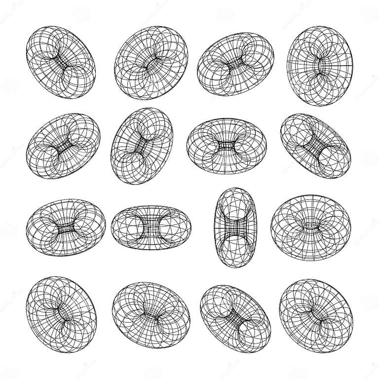 Wireframe Shapes, Lined Torus. Perspective Mesh, 3d Grid. Low Poly ...