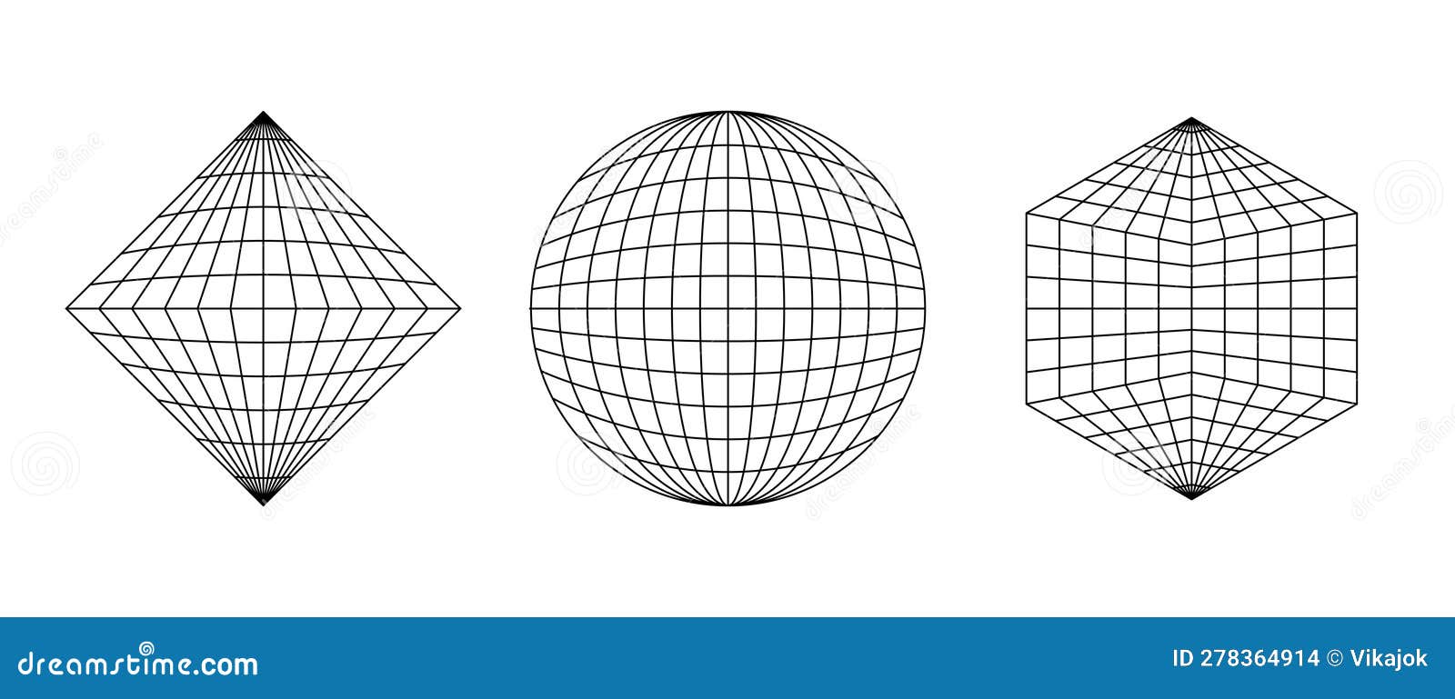 Wireframe Shapes. Sphere, Prism, Octahedron Net. Geometric Grid Frame ...