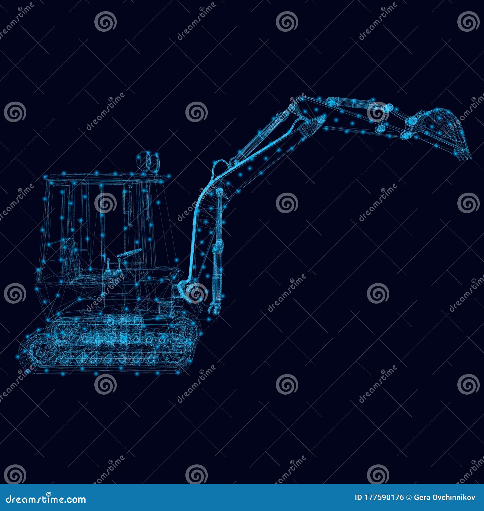 Wireframe of a Small Excavator of Blue Lines with Luminous Lights on a ...