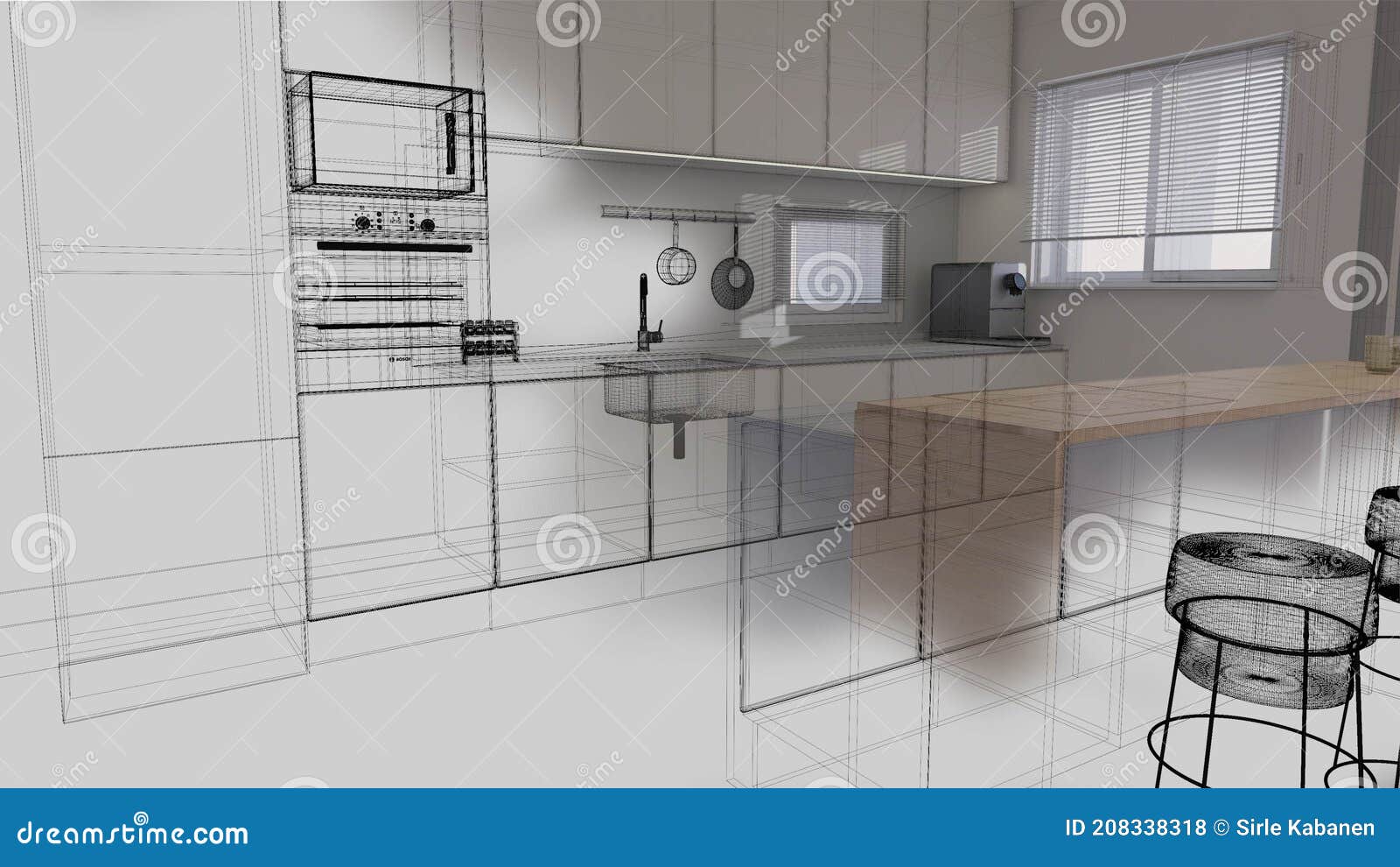 Wireframe Style Kitchen 3d Rendering Interior Scene Stock Illustration ...