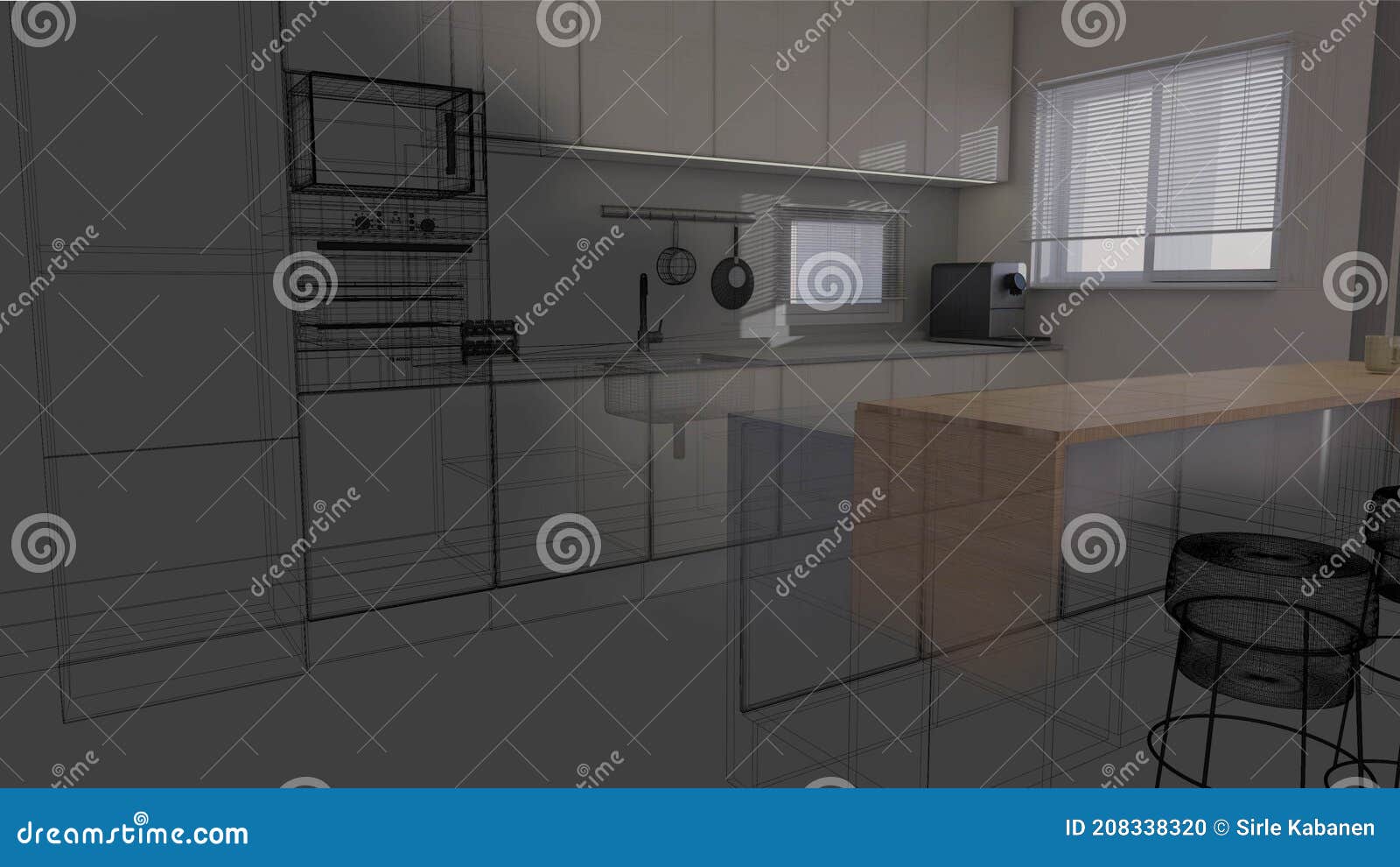 Wireframe Style Kitchen 3d Rendering Interior Scene Stock Illustration ...