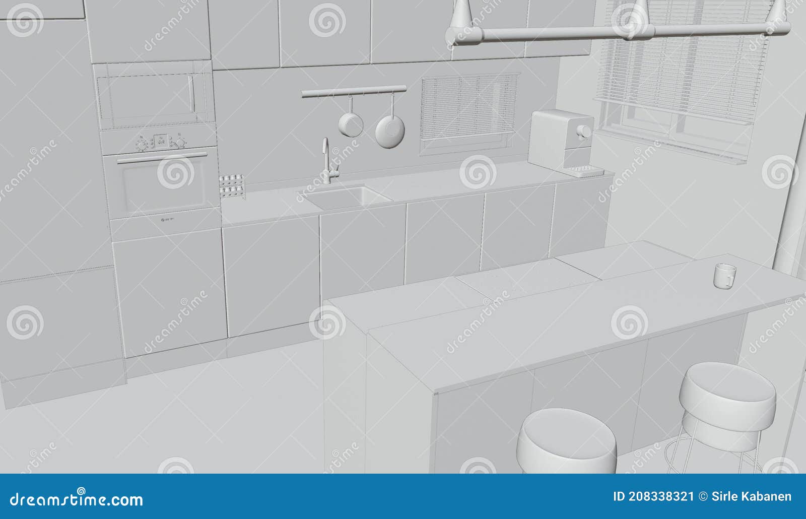 Wireframe Style Kitchen 3d Rendering Interior Scene Stock Illustration ...