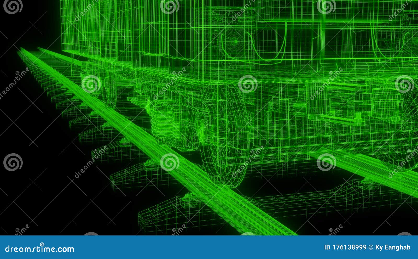 Wireframe Of A Train And Rail In Black Background With Glow Effect ...