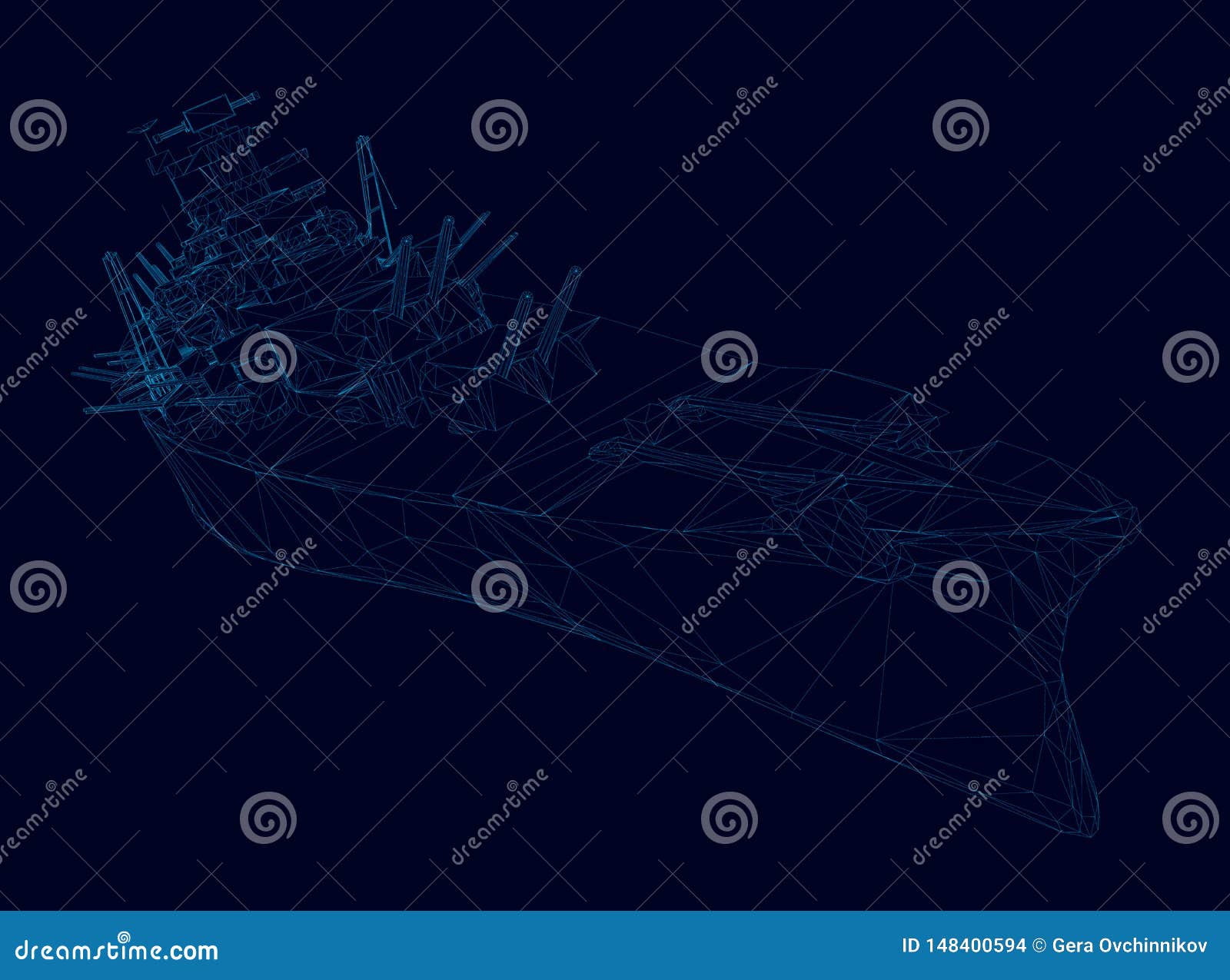 Wireframe Warship with Weapons. Ship from Blue Lines on a Dark ...