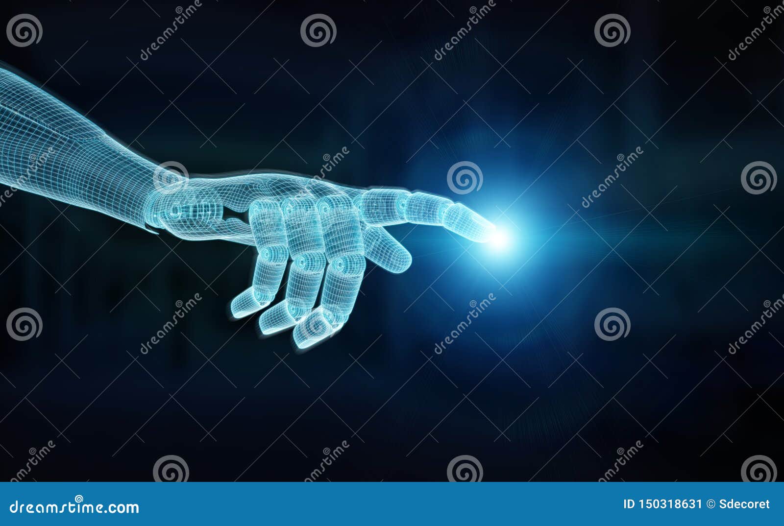 Wireframed Blue Robot Hand Pointing Finger on Dark 3D Rendering Stock ...
