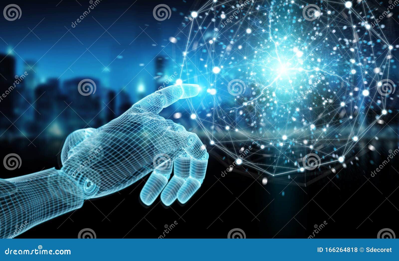Wireframed Blue Robot Hand Touching Digital Sphere Network 3D Rendering ...