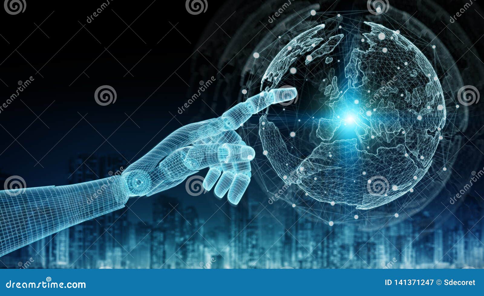 Wireframed Blue Robot Hand Touching Digital World on Dark Background 3D ...