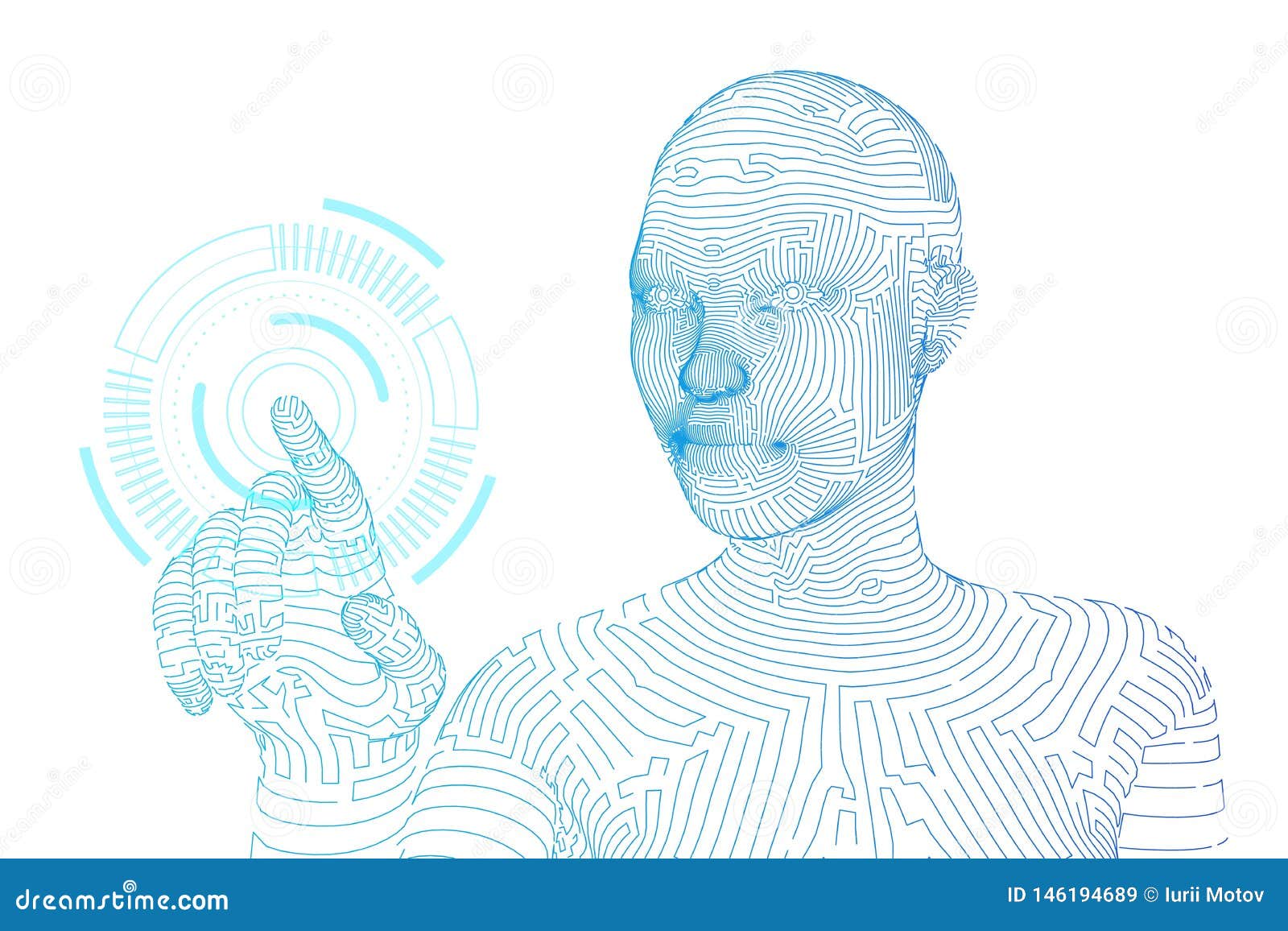 Wireframed Female Cyborg Touching Digital Graph Interface. AI ...