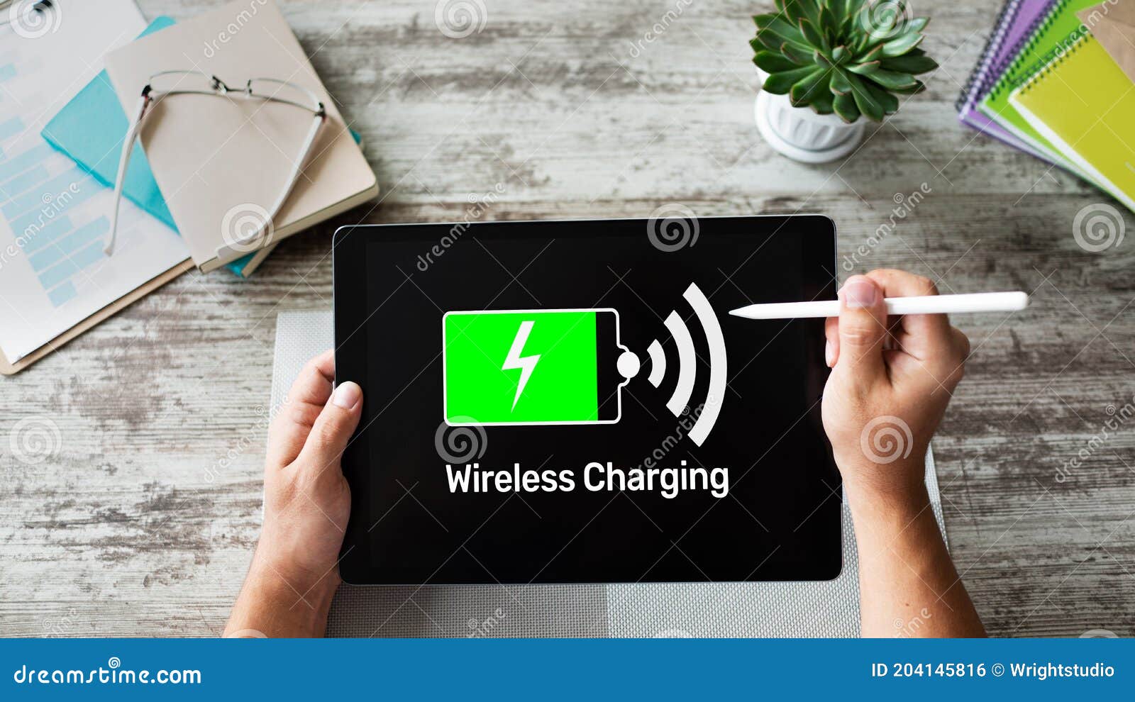 Wireless Charging Icons and Progress Bar on Device Screen. Stock Photo ...