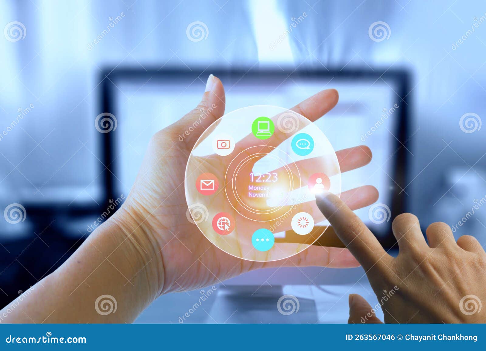 Wireless Communication Control Button Data on Virtual Screen on Hand ...