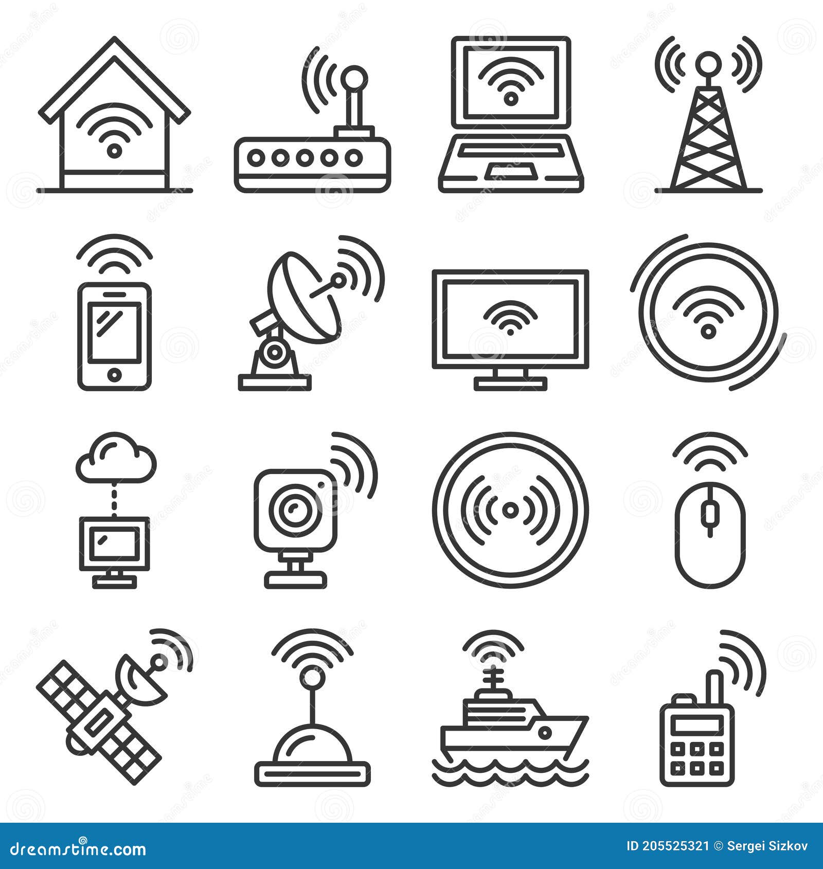 Wireless and Communications Icons Set on White Background. Vector Stock ...