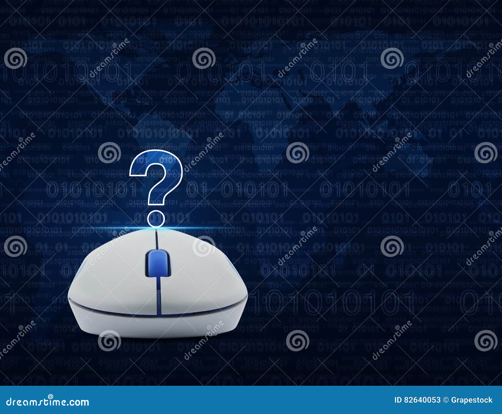 Wireless Computer Mouse with Question Mark Sign Icon Over Computer Binary Code on Blue ...