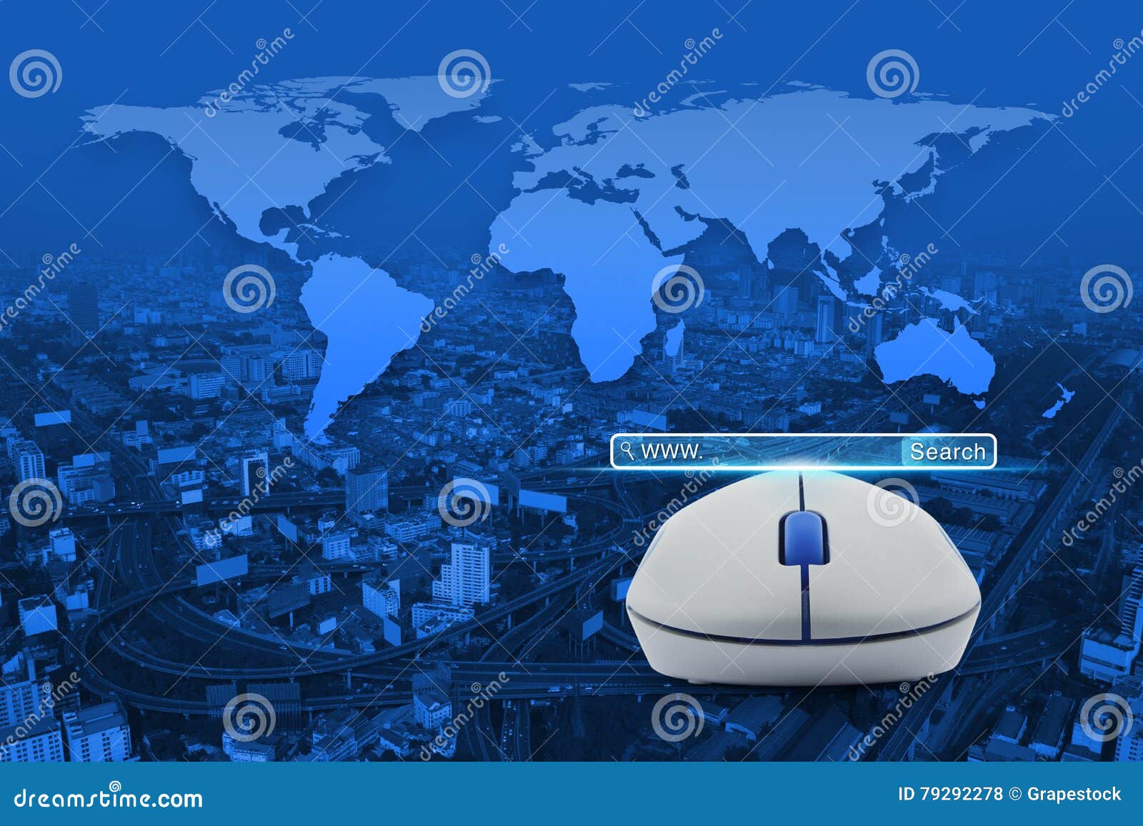 Wireless Computer Mouse with Search Www Button Over City Tower, Stock ...