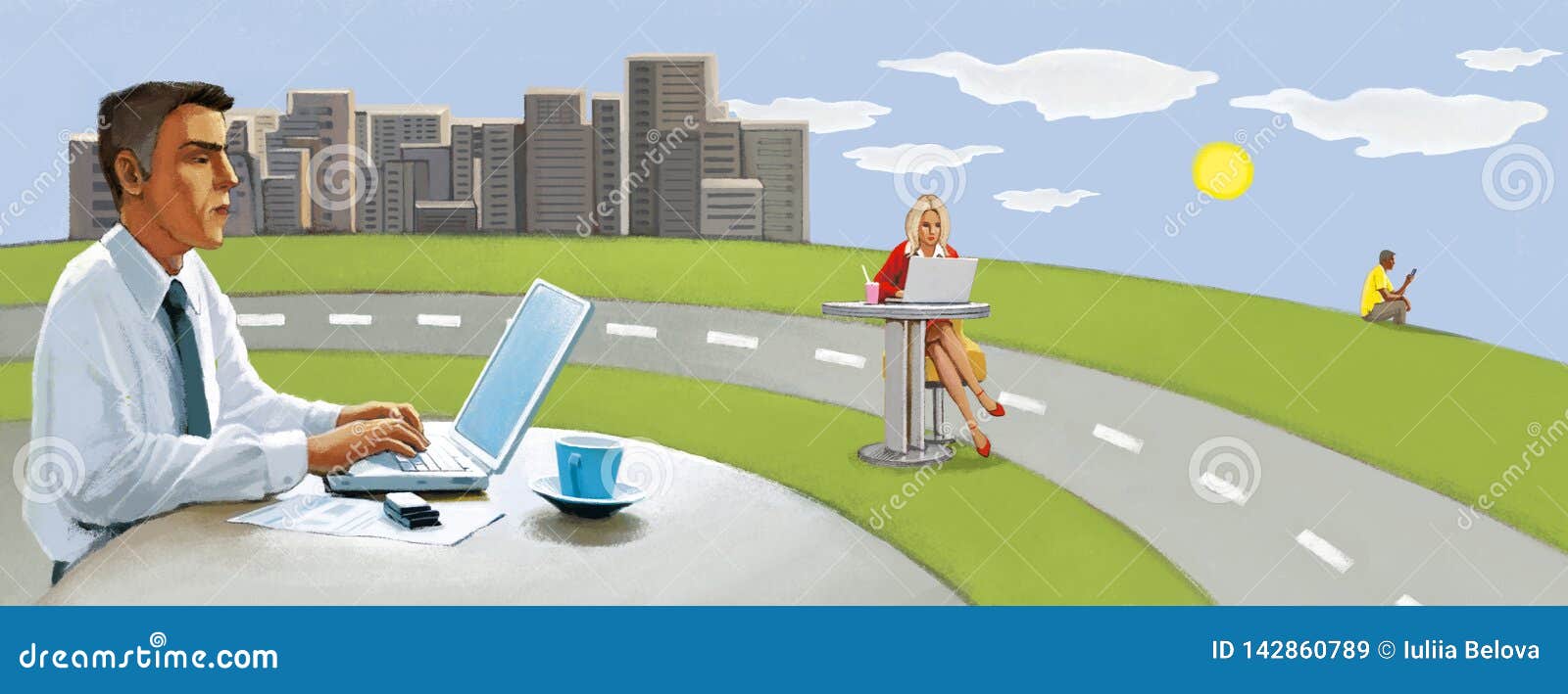 Wireless Connection. People Work Remotely Outside the Office Stock ...