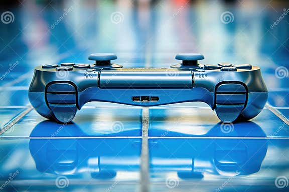 Wireless Game Controller Rests on Blue Tile Floor Reflection Gaming ...