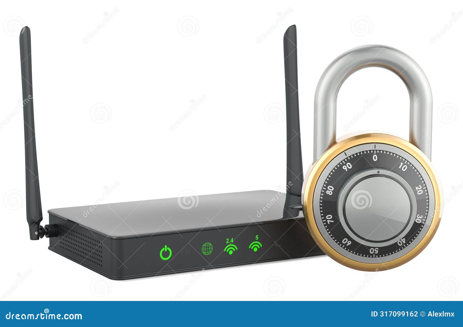 Wireless Internet Router with Padlock, 3D Rendering Stock Illustration ...