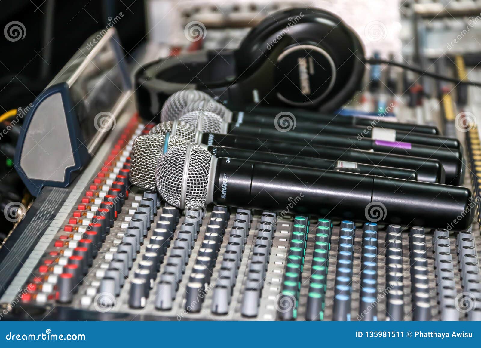 Wireless Microphone and Headphone Put on Sound Music Mixer Control ...