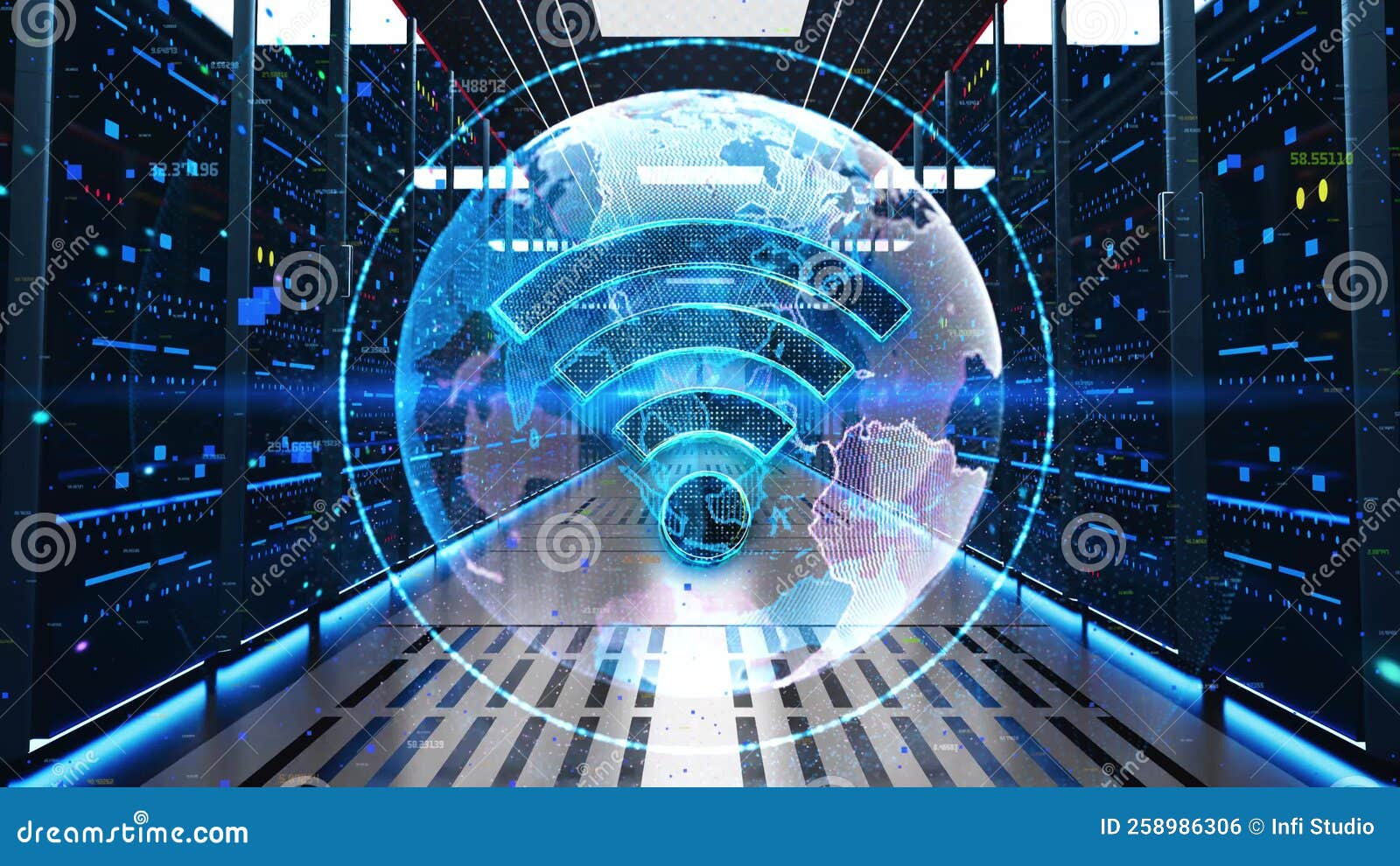 Wireless Network Icon Moving through Rack Servers in Data Center. Stock ...