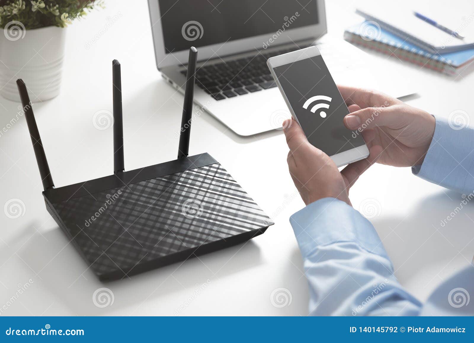 Wireless Router Concept. Man Using Smartphone Stock Photo - Image of ...