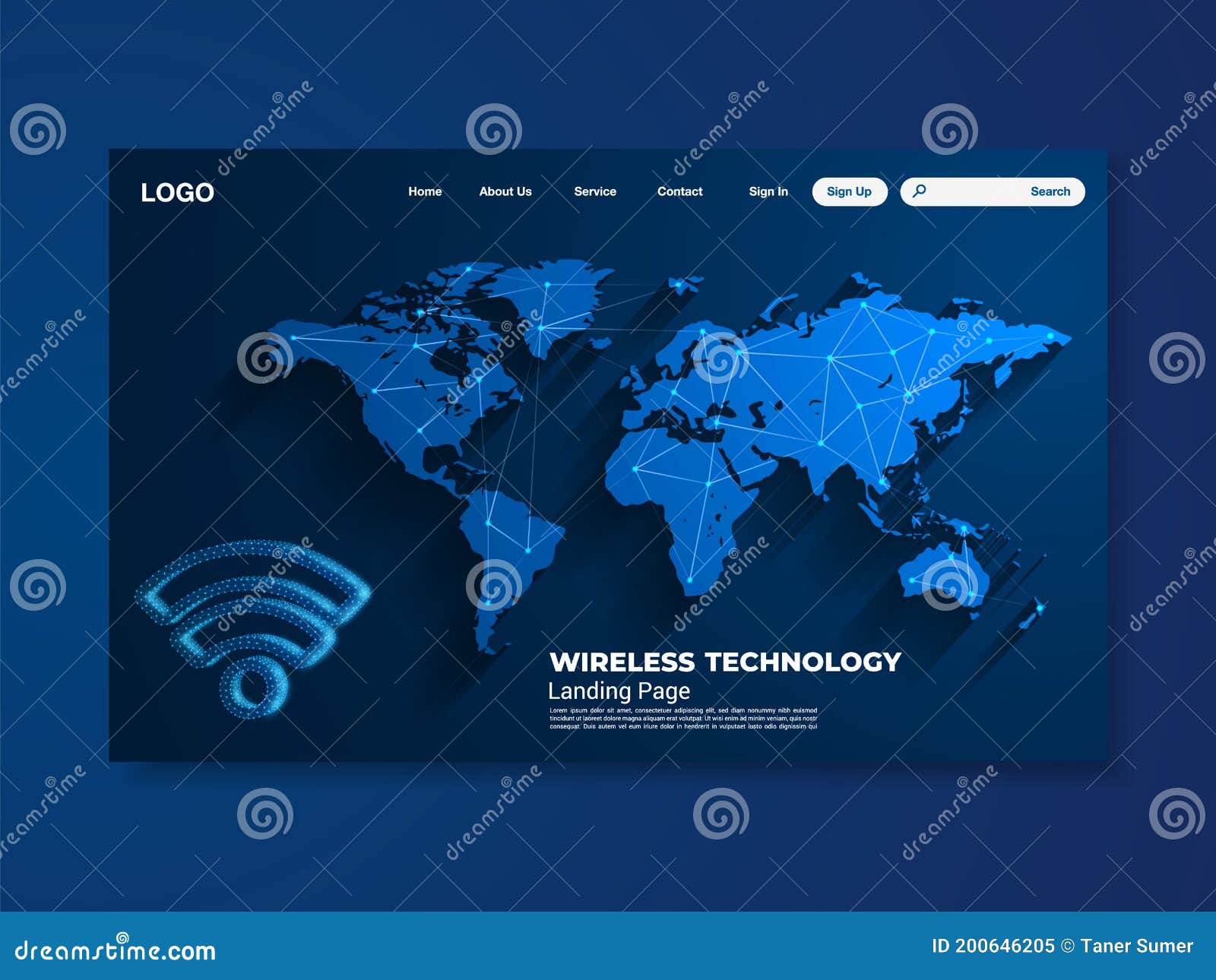 Wireless Technology Landing Page, Blue Background with World Map ...