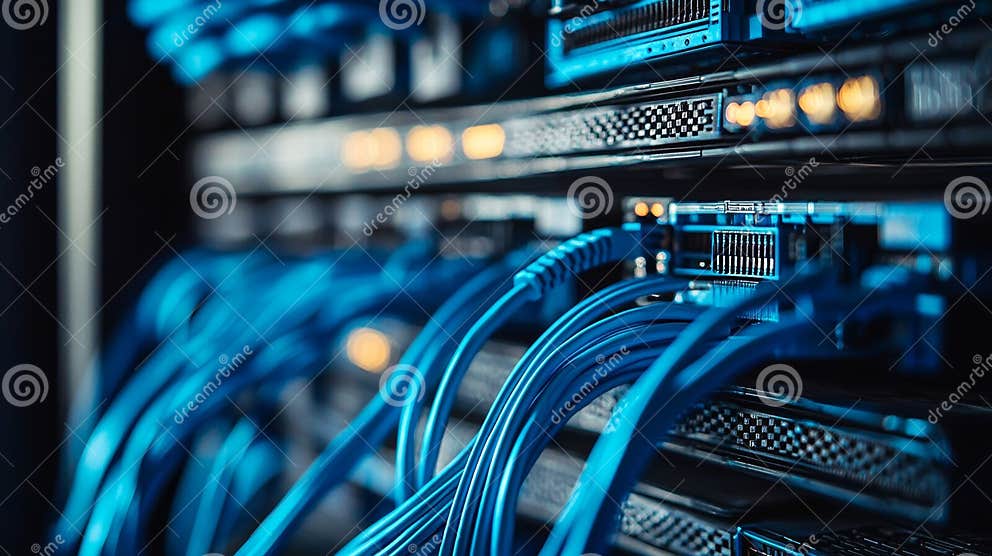 Wires Connected To Network Equipment. Closeup of Network Hardware for ...