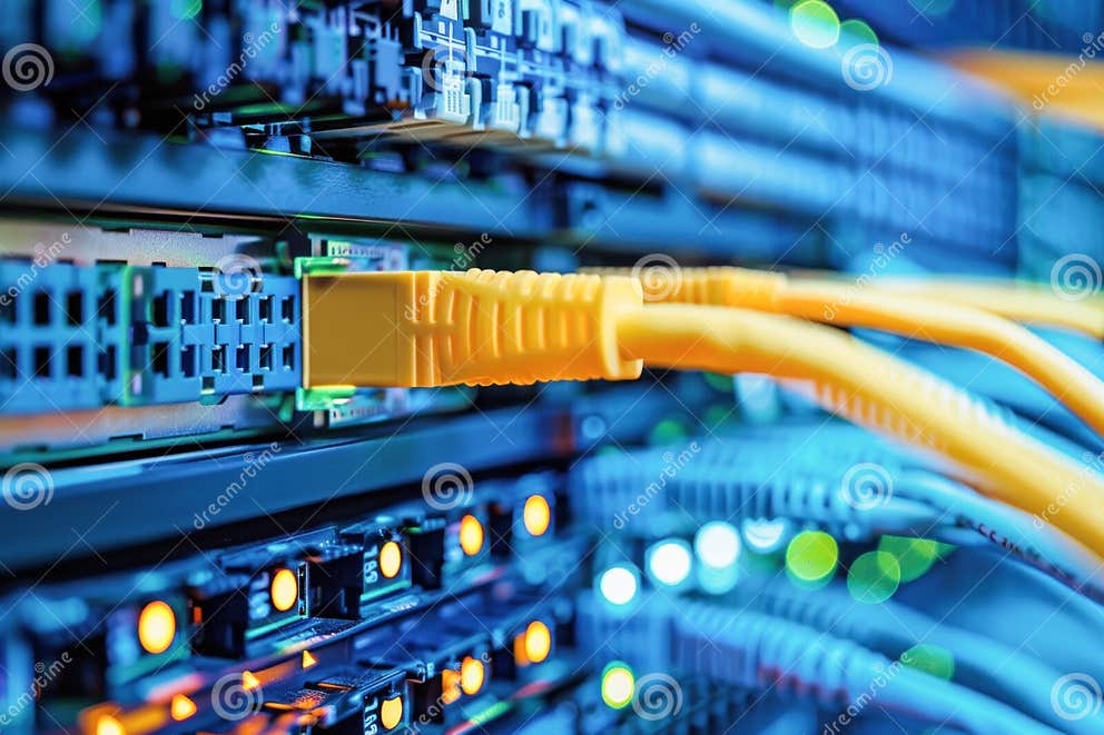 Wires in a Server Room Connect To a Server Unit with Electrical and ...